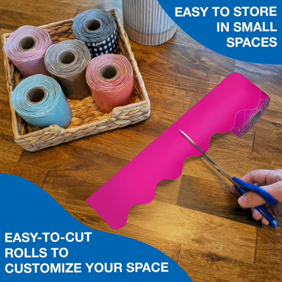 65' Hot Pink Rolled Scalloped Bulletin Board Borders