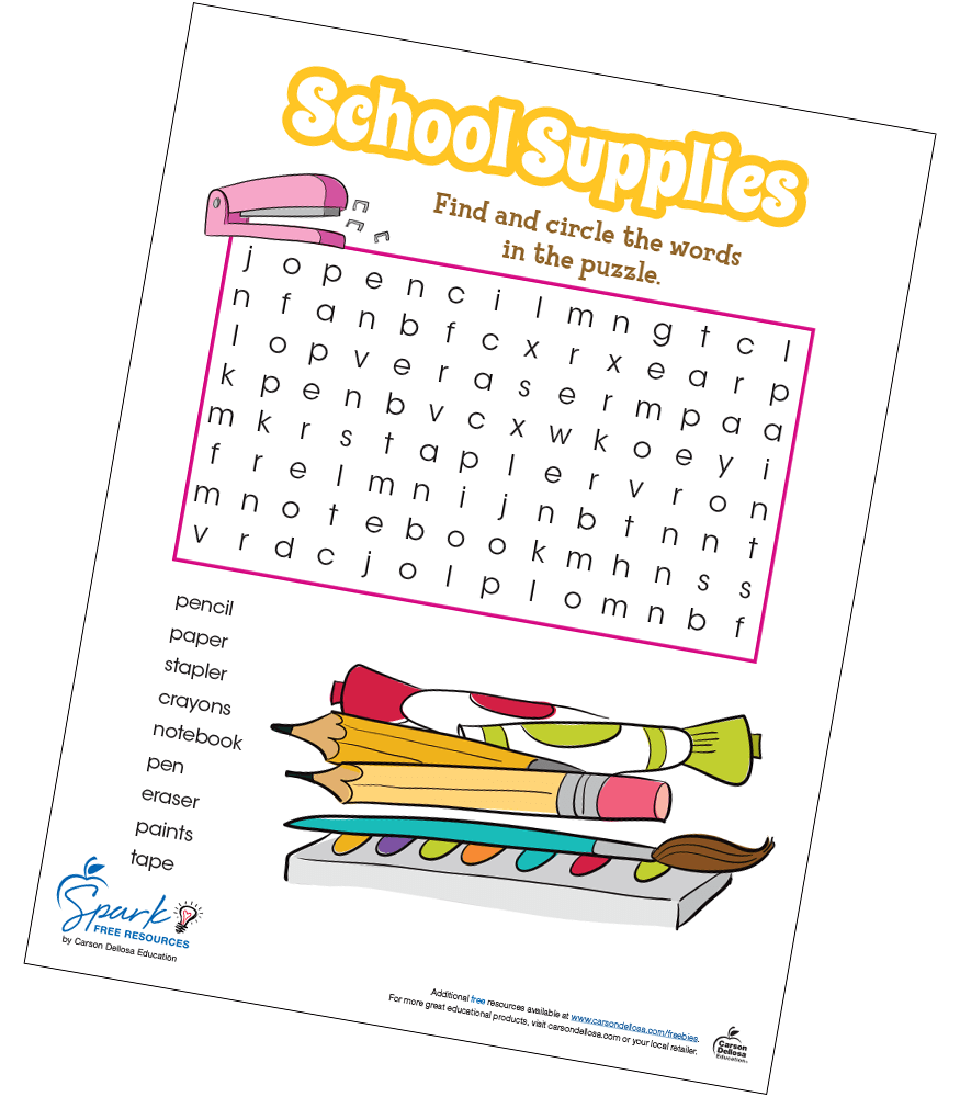 School Supplies Word Search Free Printable | Carson Dellosa