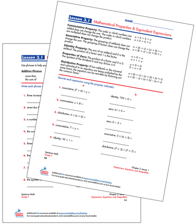 Mathematical Properties & Equivalent Expressions Free Printable ...