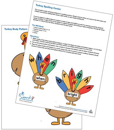 Turkey Feather Spelling Center Free Activity | Carson Dellosa