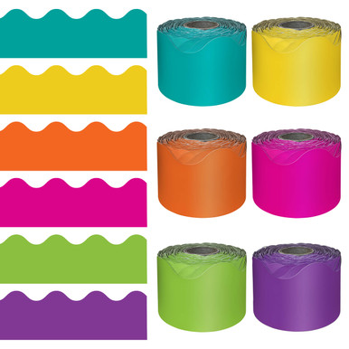 65' Bright & Colorful 6 Pack Rolled Scalloped Bulletin Board Border Set 65'