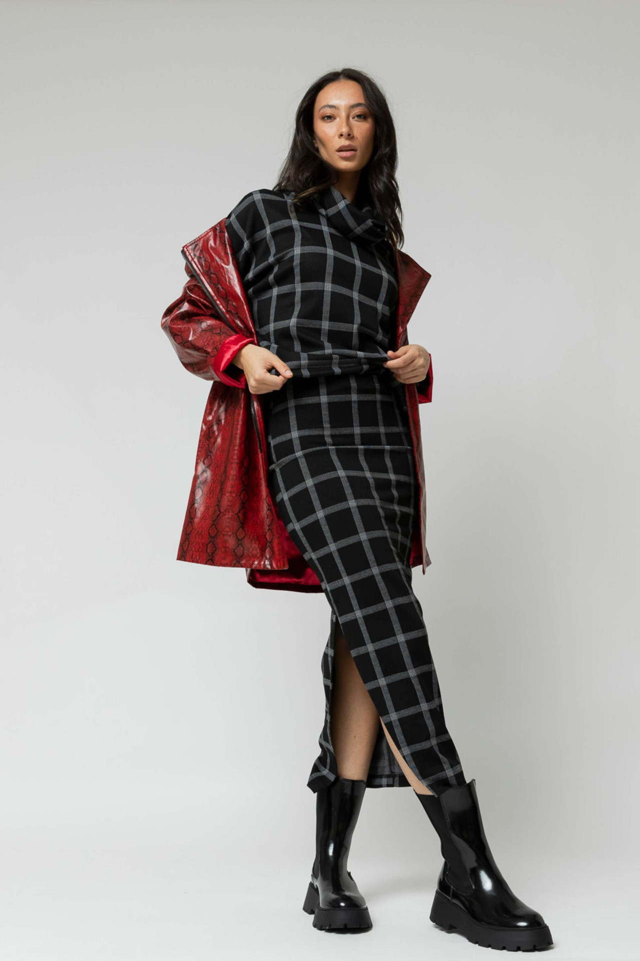 Black Check Split Skirt | Women's Skirts - Motto Fashions