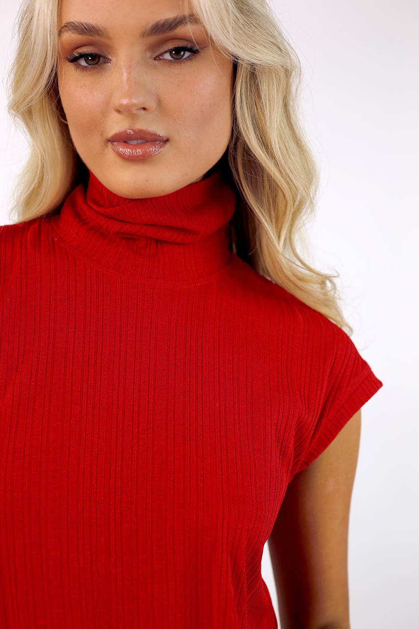 Red Rib High Neck Top - FINAL SALE - Motto