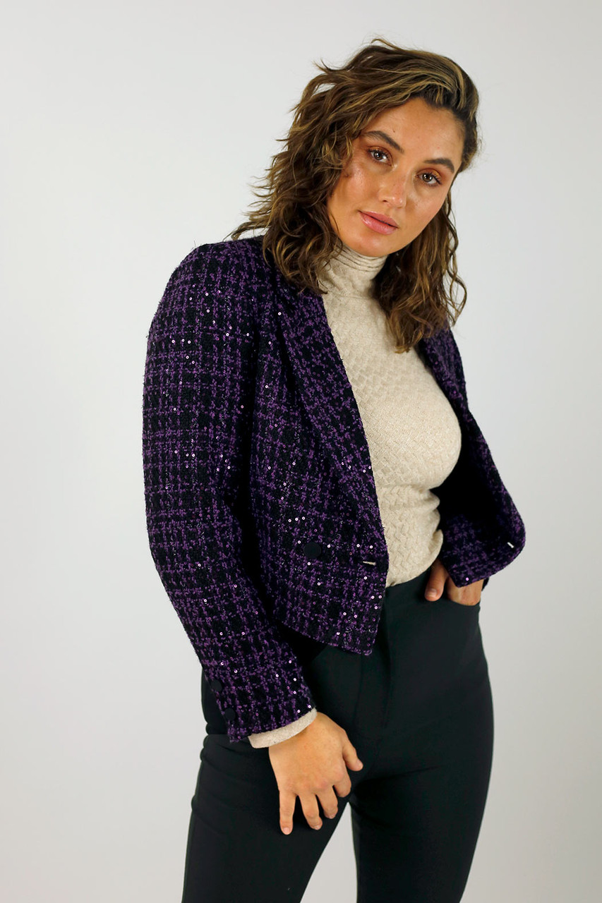 Purple Tweed Cropped Blazer | Women's Blazers - Motto Fashions