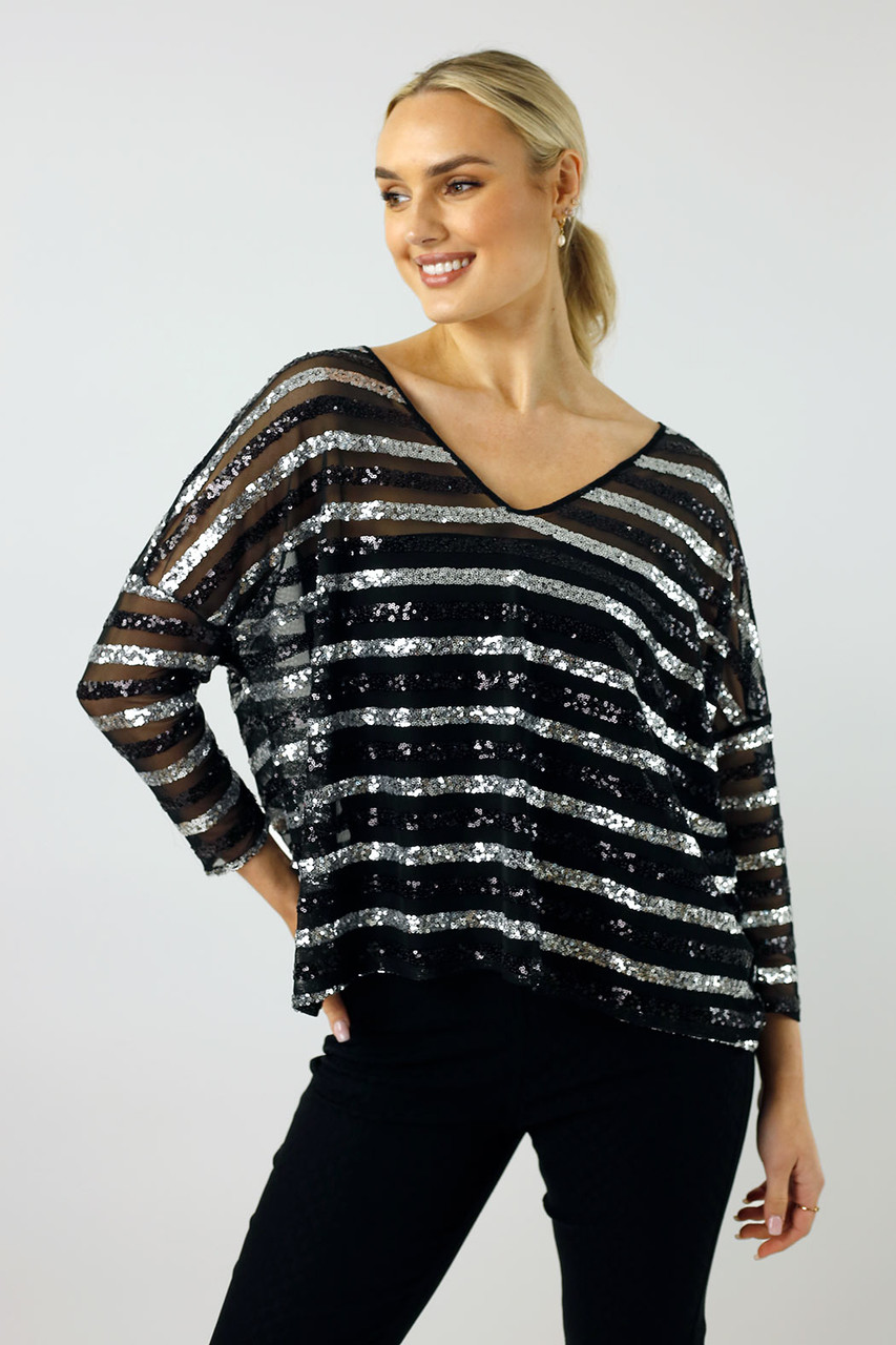 Silver Sequin Vee Neck Top | Womens Tops - Motto Fashions