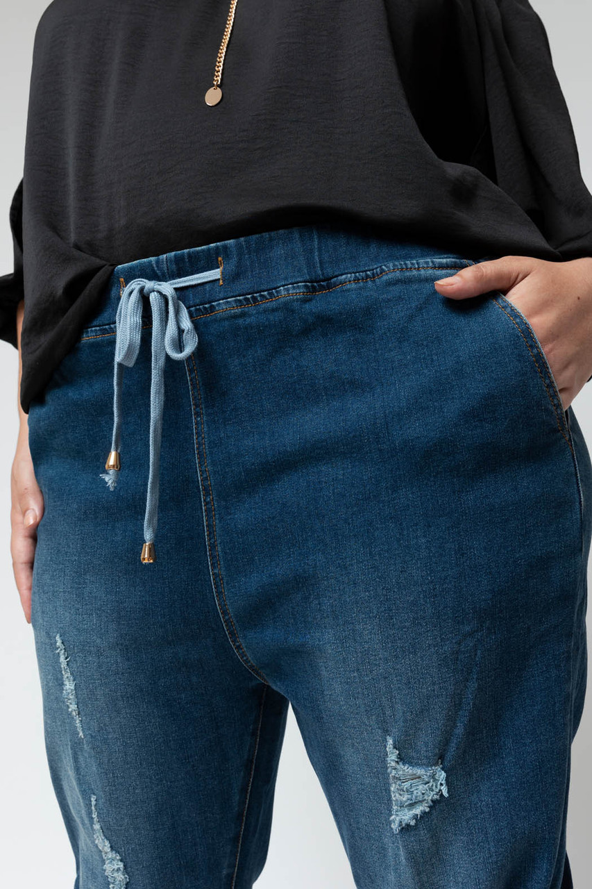 Women Chambray Denim Distressed Drawstring Jeans - Motto