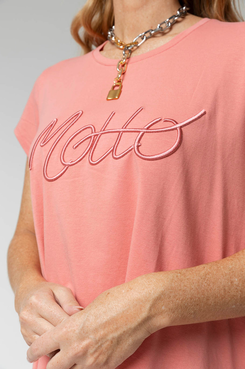 Blush Motto Embroidered T Shirt | Women's Top - Motto Fashions