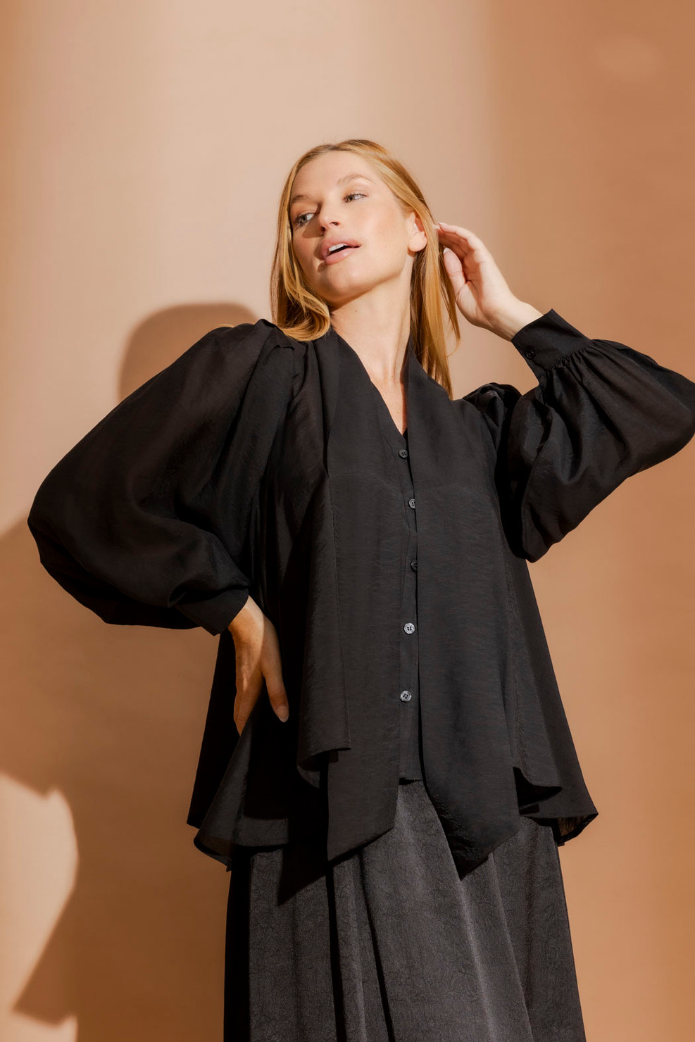 Black Tencel/Linen Full Sleeve Addy Blouse | Women's Shirts