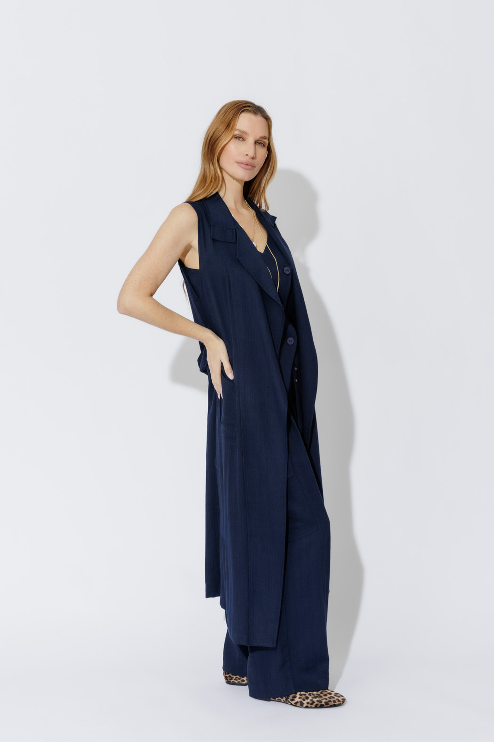 Navy Linen Trench Vest | Women's Shirts & Tops