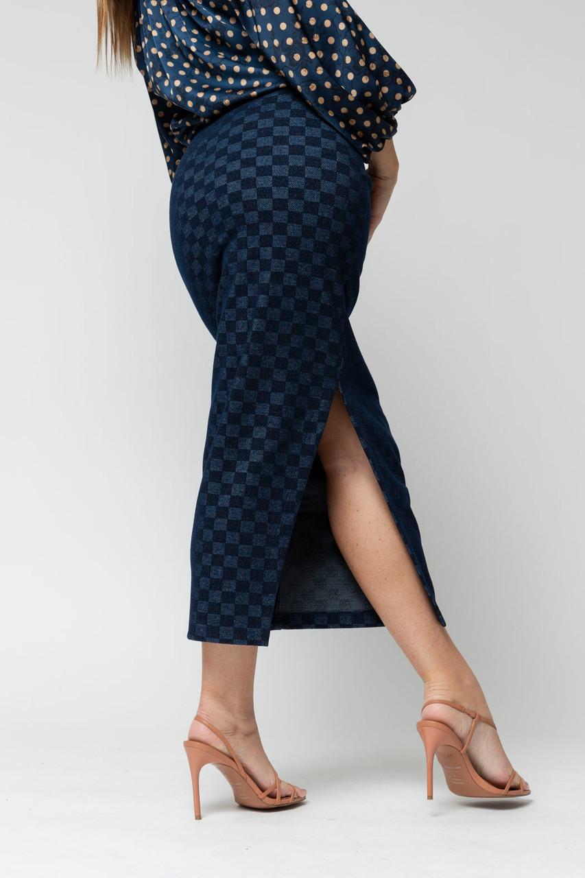 Navy Check Split Skirt | Women's Skirts - Motto Fashions
