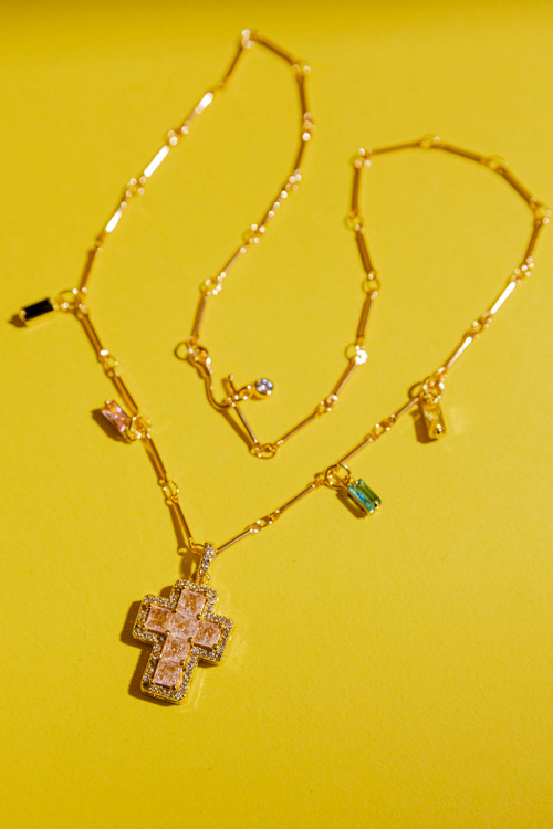 Gold Mini Cross Necklace - Pink - Motto