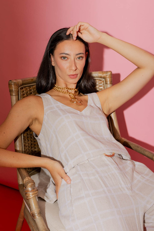 Natural Check Linen Bell Top | Linen Range | Motto Fashions