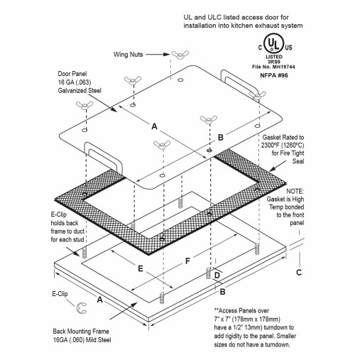 Grease Duct Access Door 20" x 20": 16 Gauge Galvanized Steel
