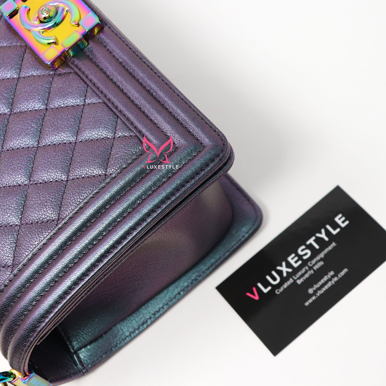 Chanel Le Boy Old Medium 16C Iridescent Purple Mermaid Quilted Goatskin ...