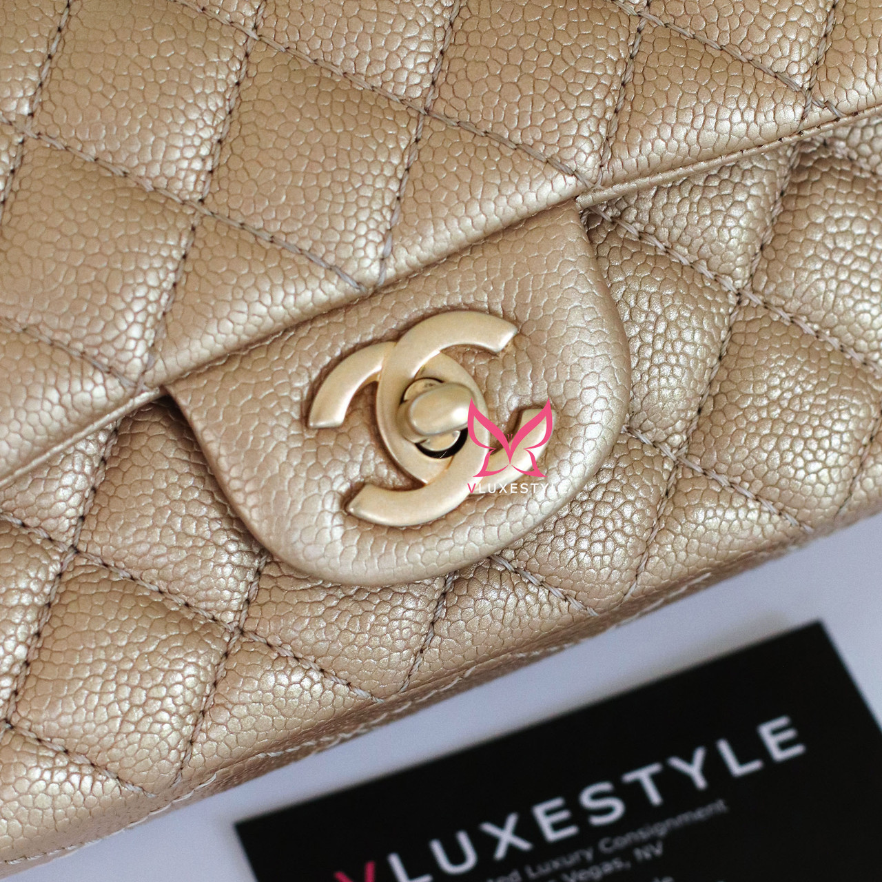 Chanel Classic Mini Rectangular Flap 15C Pearly Gold Quilted Caviar ...