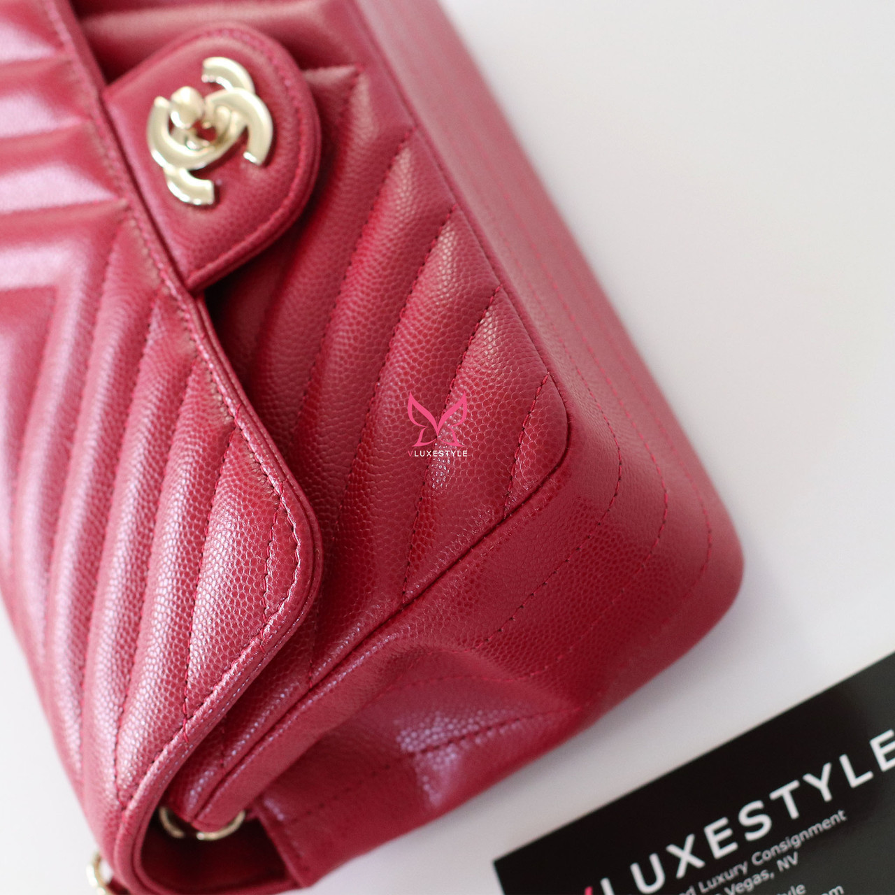 Chanel Classic Mini Rectangular 18B Red Chevron Caviar Light Gold Hardware