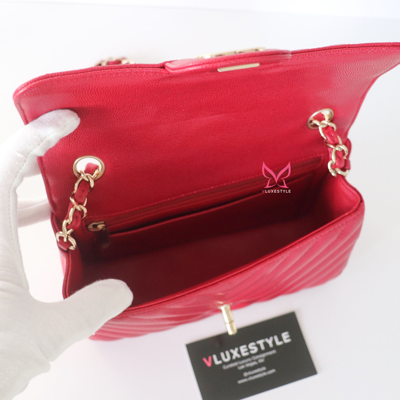 Chanel Classic Mini Rectangular 18B Red Chevron Caviar Light Gold Hardware