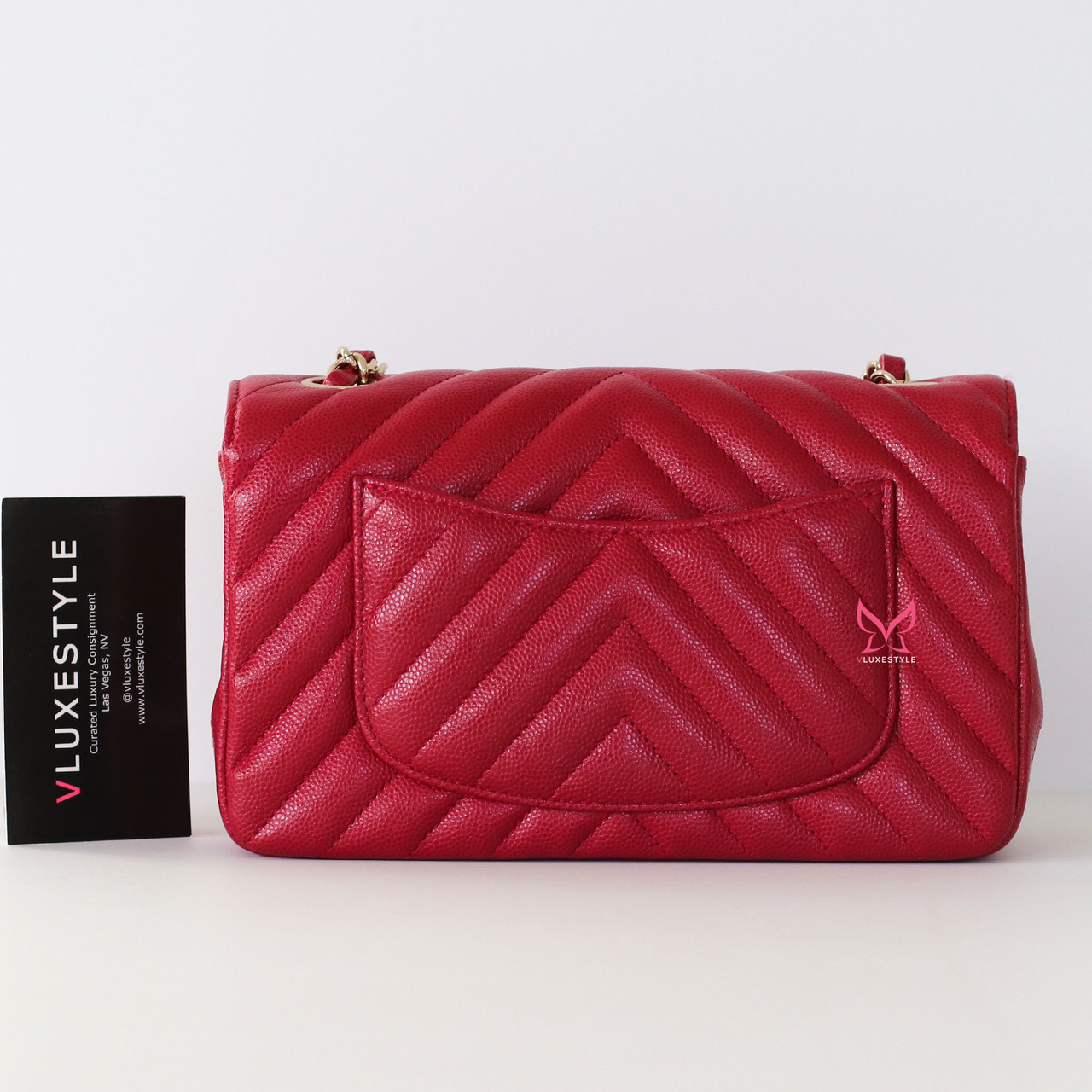 Chanel Classic Mini Rectangular 18B Red Chevron Caviar Light Gold Hardware