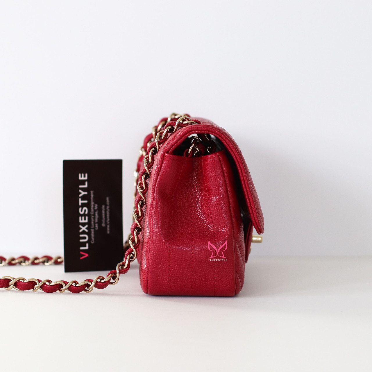 Chanel Classic Mini Rectangular 18B Red Chevron Caviar Light Gold Hardware