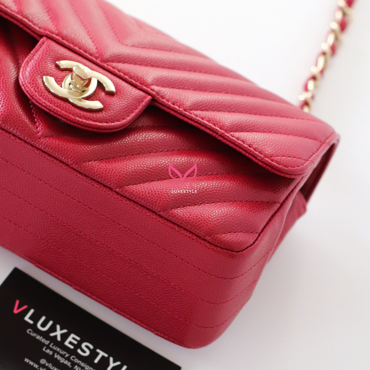 Chanel Classic Mini Rectangular 18B Red Chevron Caviar Light Gold Hardware
