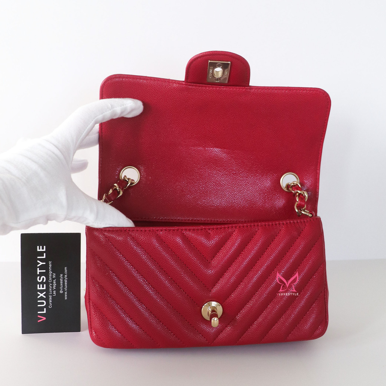 Chanel Classic Mini Rectangular 18B Red Chevron Caviar Light Gold Hardware