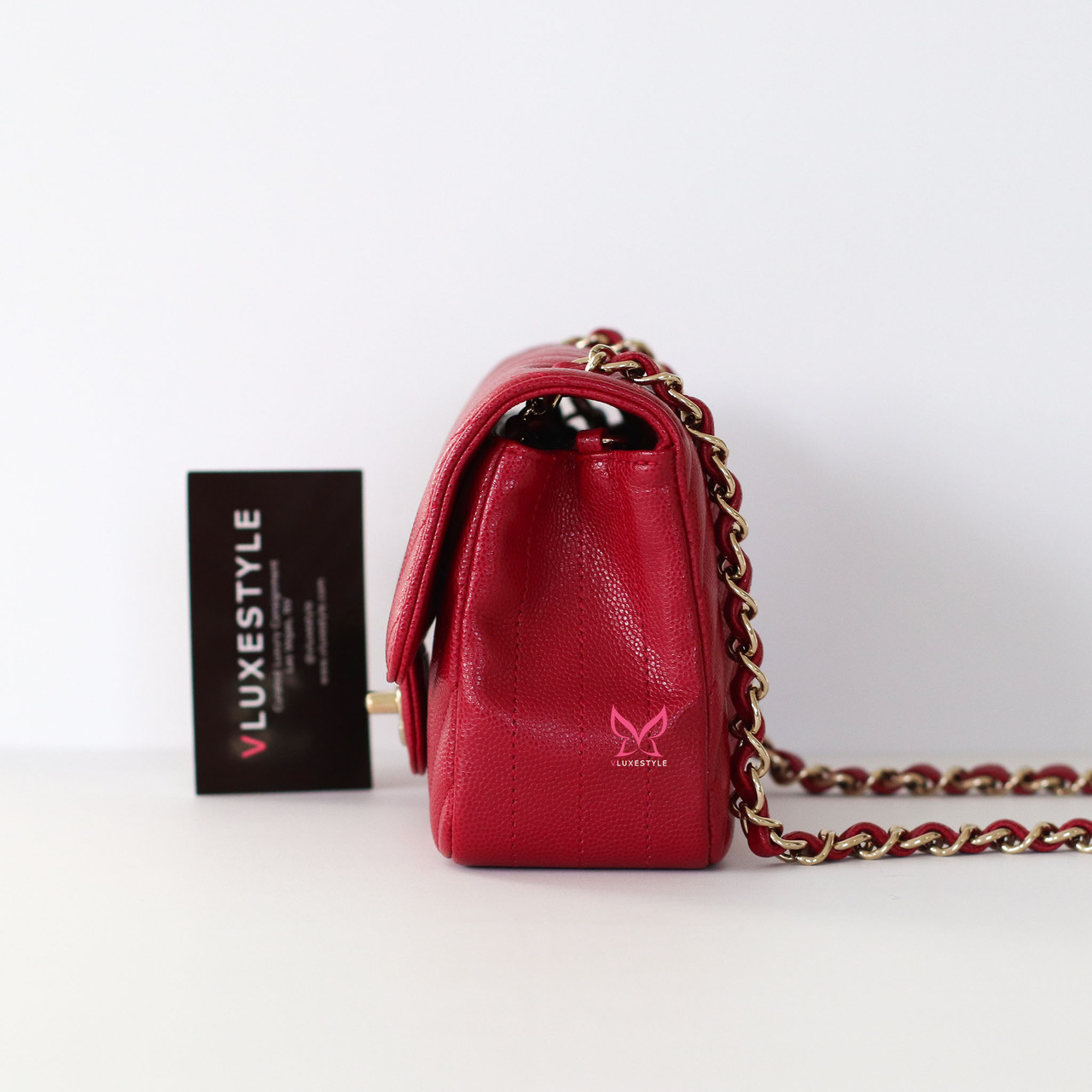 Chanel Classic Mini Rectangular 18B Red Chevron Caviar Light Gold Hardware