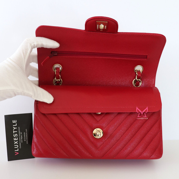 Chanel Classic Small Flap 20B Red Chevron Caviar Light Gold Hardware