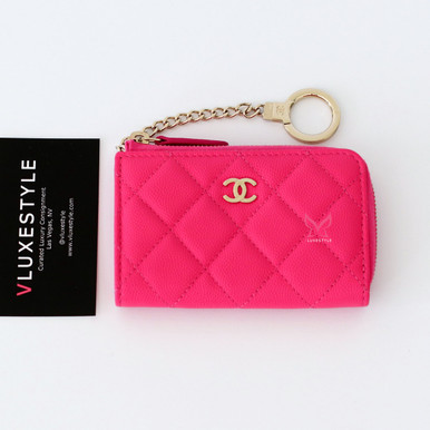 Chanel Zipped Key Holder Case 22K Pink Quilted Caviar Light gold hardware