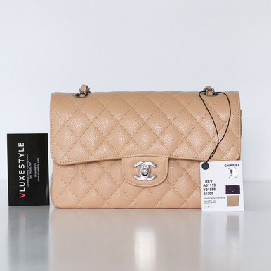 Chanel Classic Small Flap Beige Quilted Caviar with silver hardware