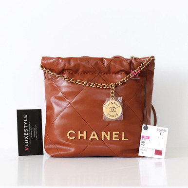 Chanel Mini 22 Hobo Bag 23A Light Brown/Caramel/Cognac Shiny Calfskin ...