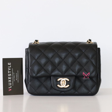 Chanel Classic Mini Square 18B Black Quilted Caviar Light Gold Hardware
