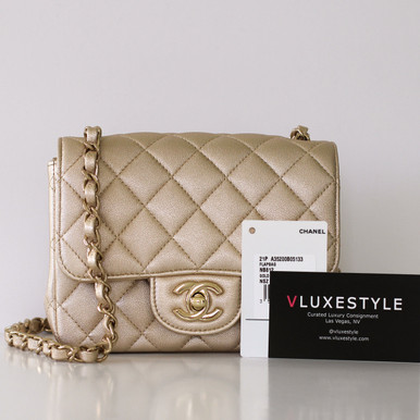 Chanel Classic Mini Square 21P Metallic Gold Quilted Lambskin Light ...