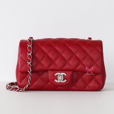 Chanel Classic Mini Rectangular 17B Red Quilted Caviar Silver Hardware