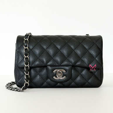 Classic Mini Rectangular Flap 18C Iridescent Black Caviar Ruthenium ...