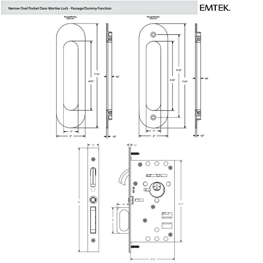 Emtek 2164 Narrow Modern Oval Mortise Passage Pocket Door Set