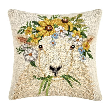 Spring Sheep Hooked Wool Pillow 14"