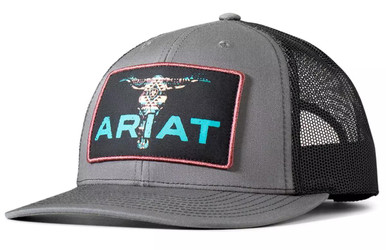 Ariat® Grey/Black Bull Skull/Logo Patch Cap