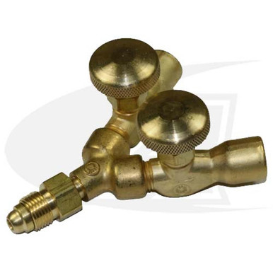 Water Y Connector w/ Valves, 5/8"- 18 LH Male to Twin 5/8"- 18 LHF