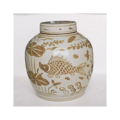 Moka & White Porcelain Jinger Jar Fish Motif - Terra Objects Testing