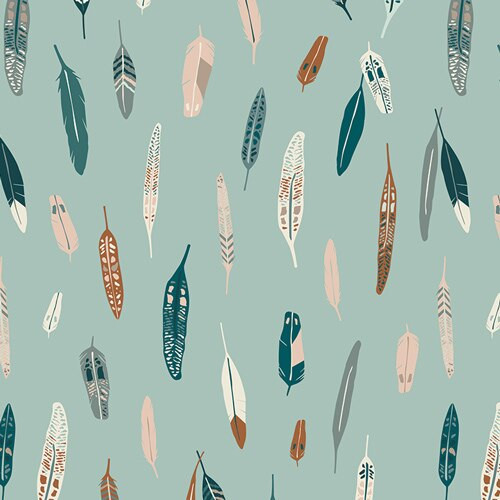 Teal metallic feathers, Art Gallery Campsite Heather Feathers fabric