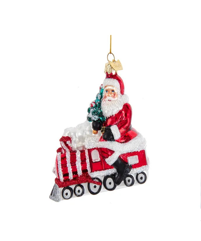 Noble Gems™ Glass Peppermint Santa with Train Ornament | Lindenhaus Imports