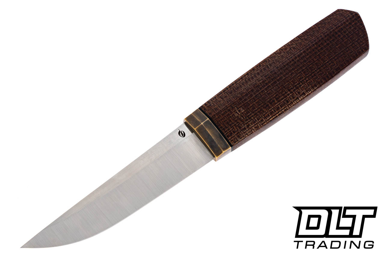Sliwkosky Modern Puukko - Brass Guard - Brown Jute Micarta - Leather ...