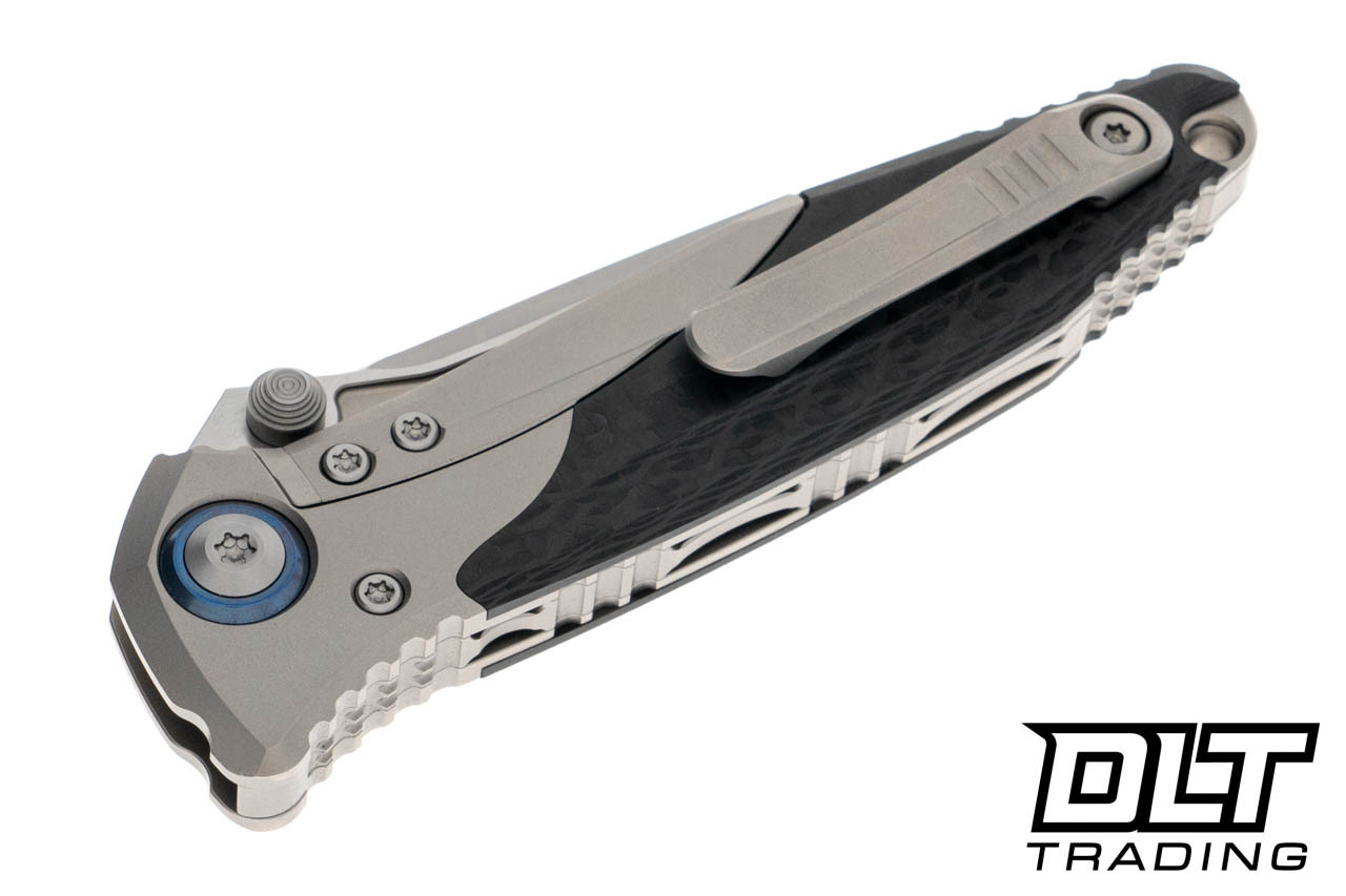 Microtech 261M-7CFTI Socom Bravo Mini T/E - Titanium Bolster - Carbon Fiber - Blue Pivot Collar ...