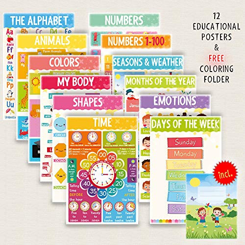 12 Pack Alphabet Poster w Free Coloring Folder ABC Posters for Wall ...