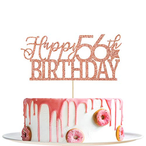 Rose Gold Glitter Happy 56th Birthday Cake Topper- Hello 56- Cheers to ...