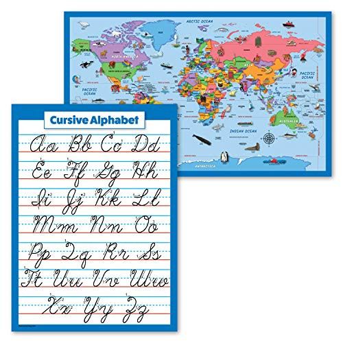 2 Pack - World Map Poster for Kids -Illustrated- Plus Cursive ABC ...