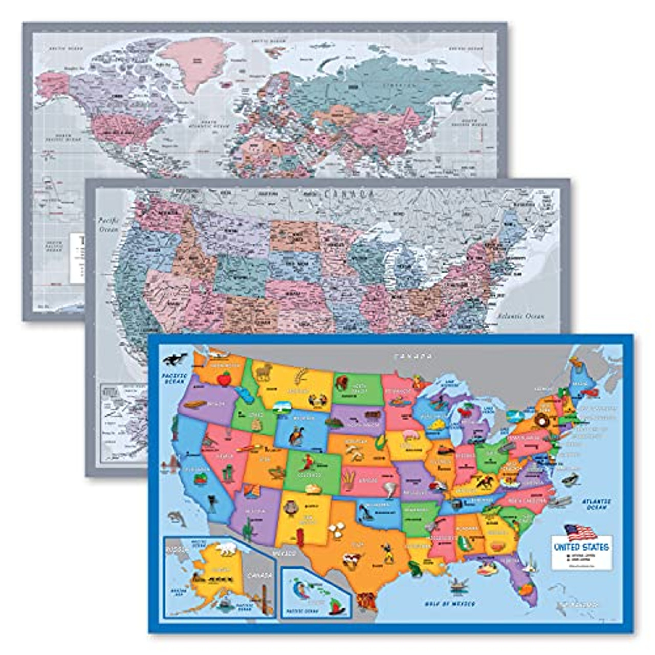 3 Pack - World and USA Map Chart -Purple- Plus Illustrated USA Map for ...