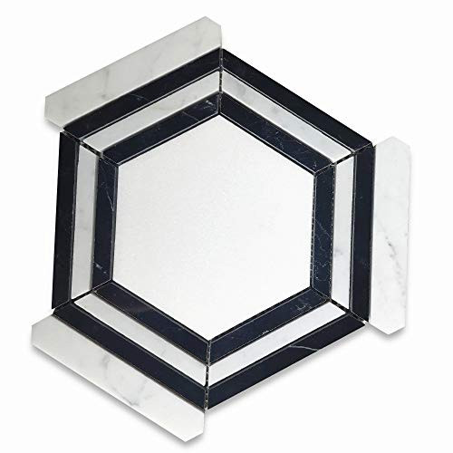 Stone Center Online Thassos White Marble 5 inch Hexagon Georama Nero ...