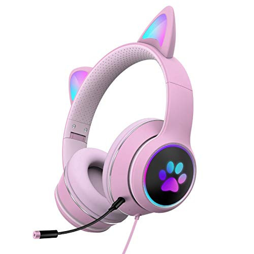 Ear Headphones, Cat Ear LED Light Up Foldable Headphones HiFi 3.5MM ...