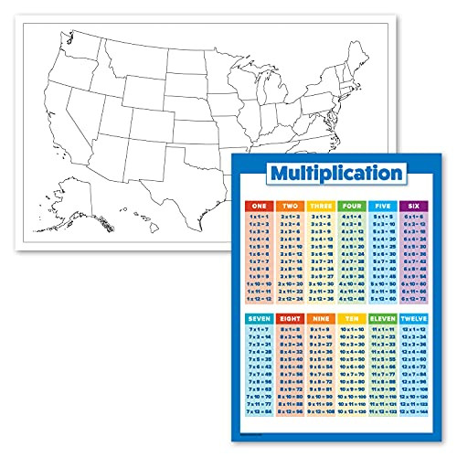 2 Pack - Blank USA Map Outline Poster plus Multiplication Table Chart ...